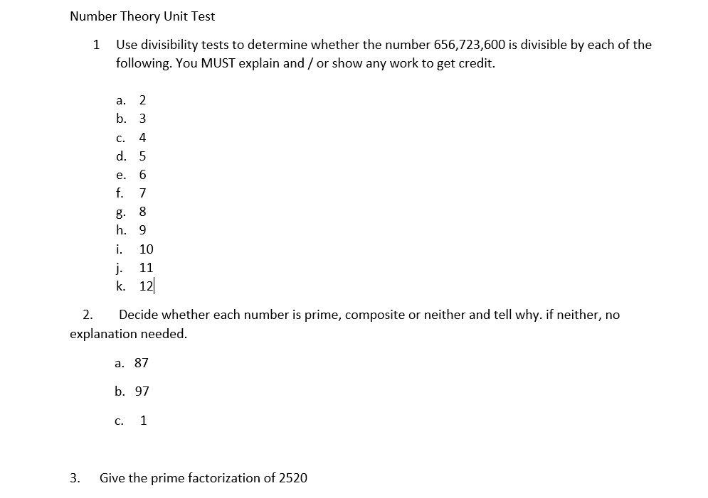 Solved Number Theory Unit Test 1 Use divisibility tests to | Chegg.com