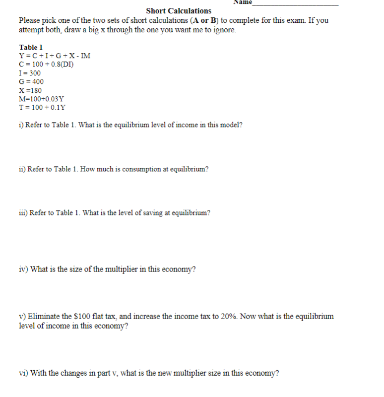 Solved Short Calculations Please pick one of the two sets of | Chegg.com