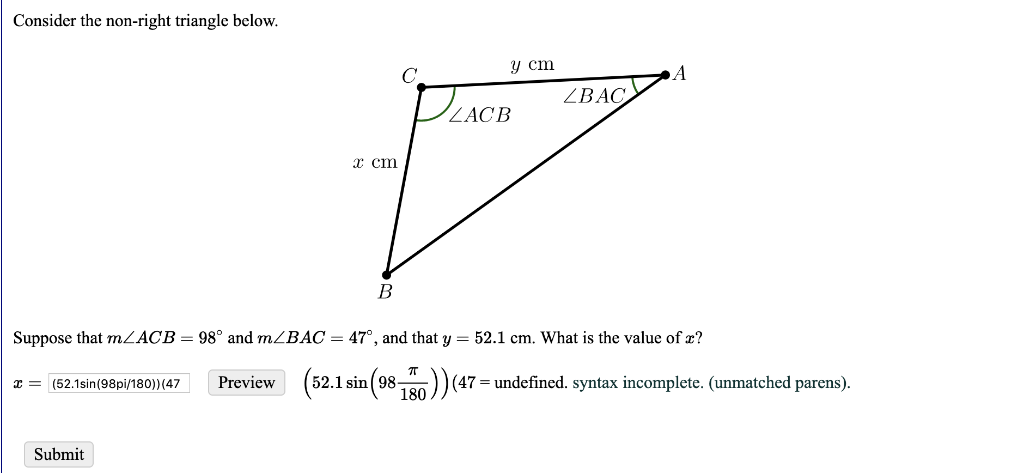 Solved Consider the non-right triangle below. y cm A ZBAC | Chegg.com