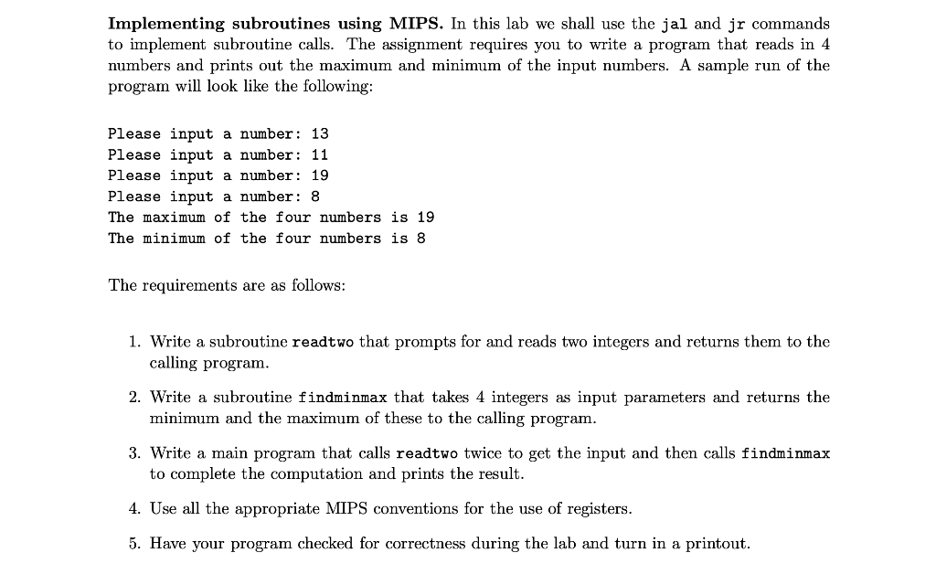 Solved Implementing subroutines using MIPS. In this lab we | Chegg.com