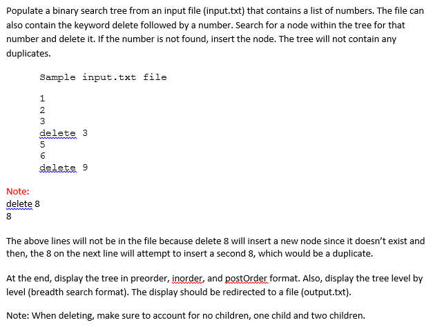 Solved Populate a binary search tree from an input file | Chegg.com