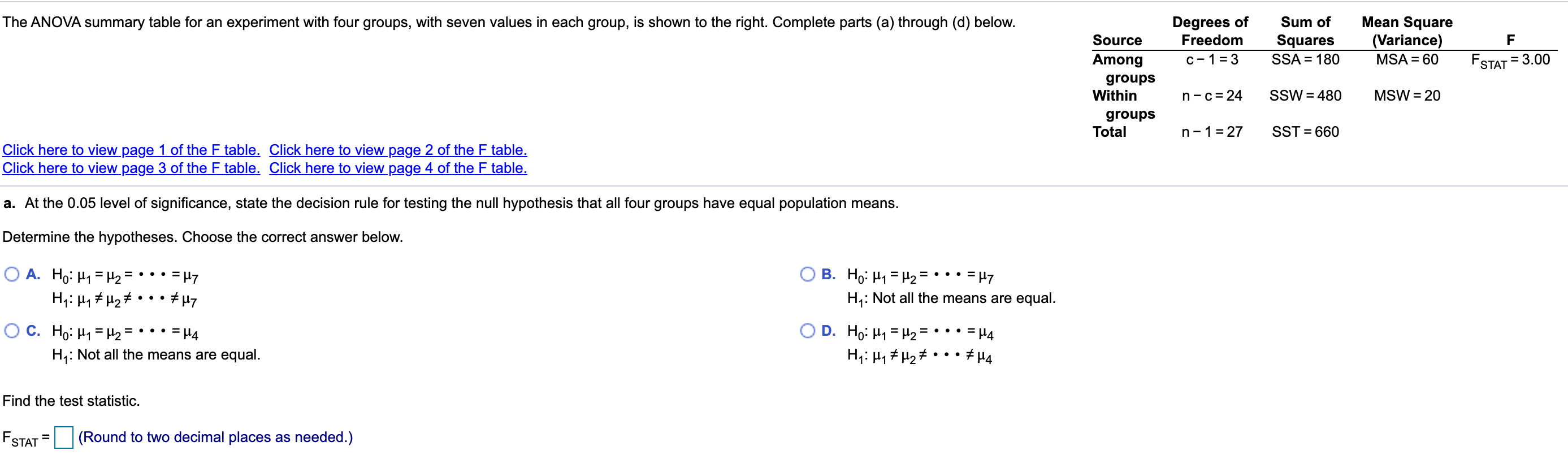 Solved The ANOVA summary table for an experiment with four | Chegg.com