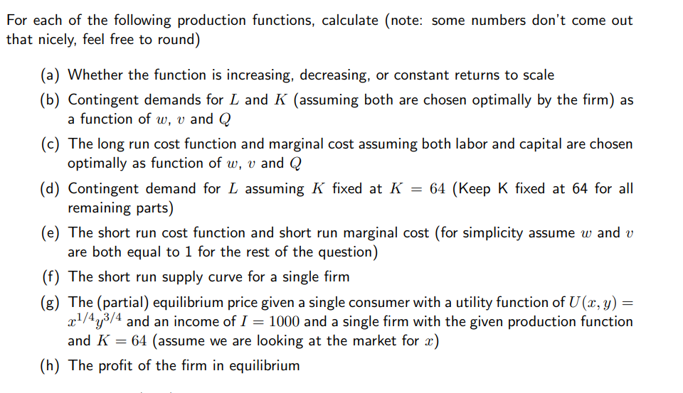 Solved For each of the following production functions, | Chegg.com