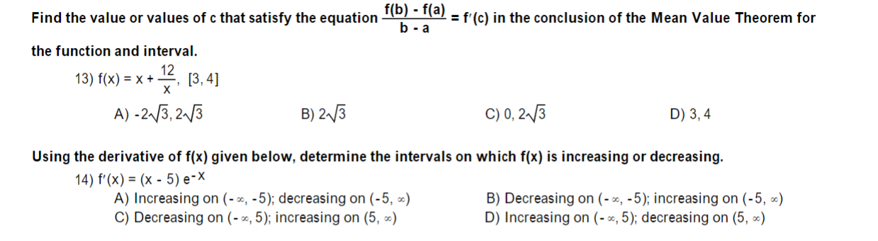 Solved Find the value or values of c that satisfy the | Chegg.com