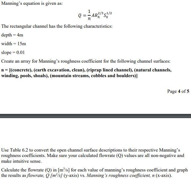 Solved Manning's equation is given as: 1 Q = EAR?!?!?!? 2 n | Chegg.com