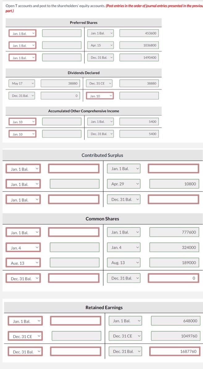 Open T accounts and post to the shareholders' equity | Chegg.com