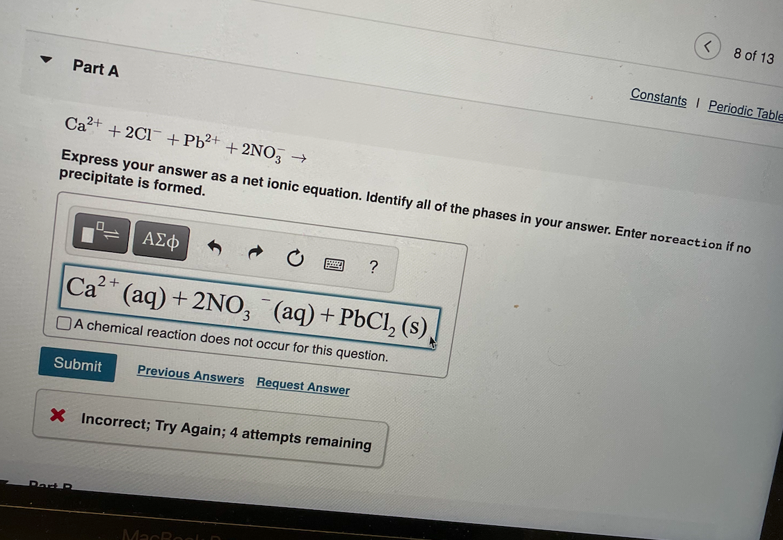 Solved Ca2++2Cl−+Pb2++2NO3−→ Express your answer as a net | Chegg.com