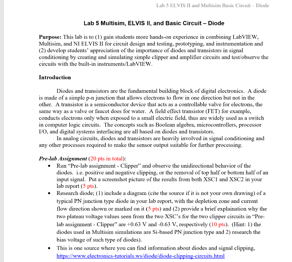 Lab 5 ELVIS II and Multisim Basic Circuit - Diode Lab | Chegg.com