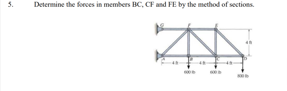 Solved 5. Determine the forces in members BC, CF and FE by | Chegg.com
