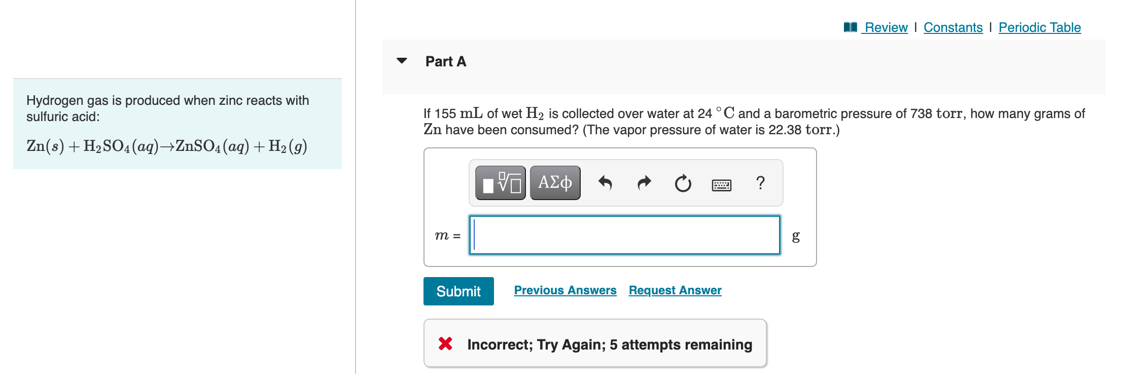 Solved Hydrogen gas is produced when zinc reacts with | Chegg.com