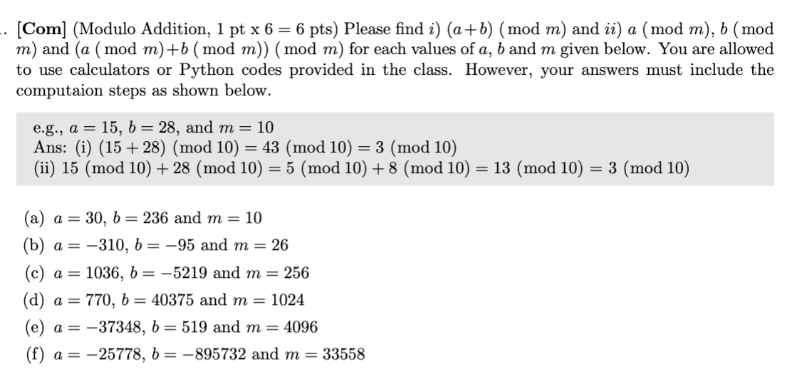 Solved [Com] (Modulo Addition, 1pt×6=6pts) Please find | Chegg.com