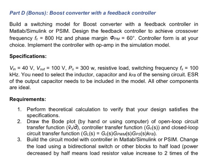 Part D (Bonus): Boost converter with a feedback | Chegg.com