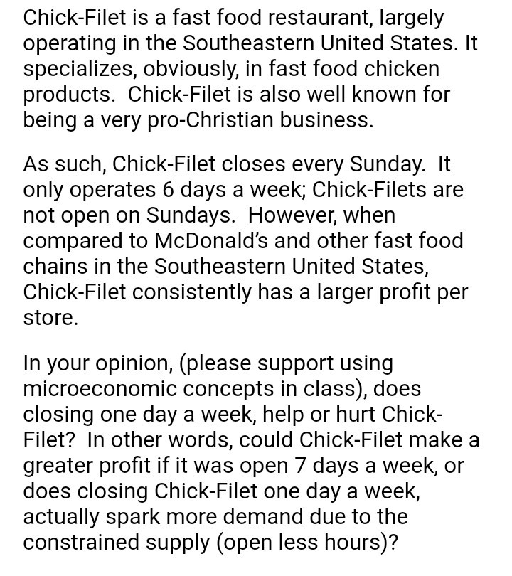 Solved Chick-Filet is a fast food restaurant, largely | Chegg.com