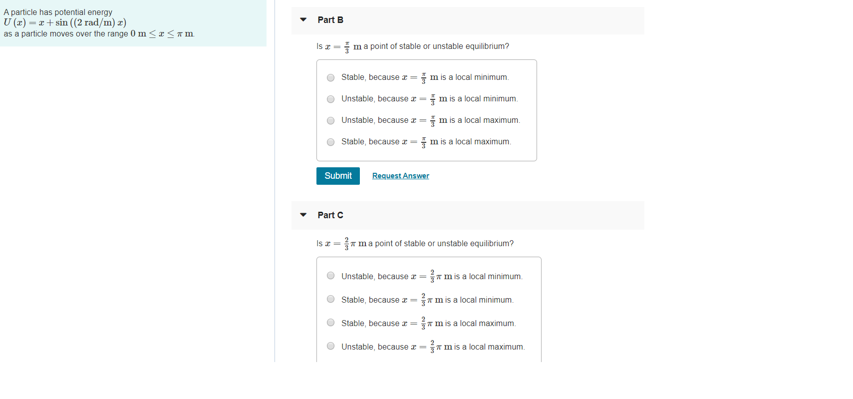 Solved A particle has potential energy U (2) = x + sin((2 | Chegg.com