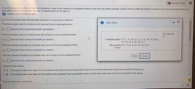 Solved I Question Help A teaching assistant collected data | Chegg.com