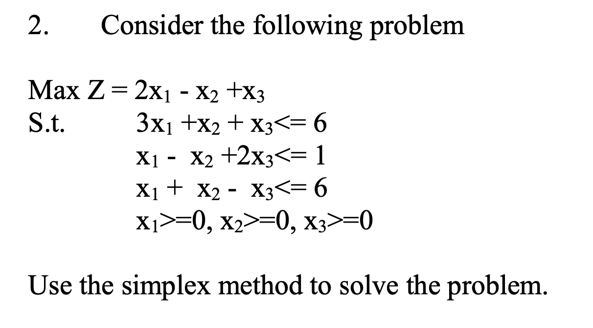 Solved 2. Consider the following problem = Max Z= 2x1 - X2 | Chegg.com