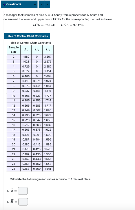 Solved A manager took samples of size n=4 hourly from a | Chegg.com