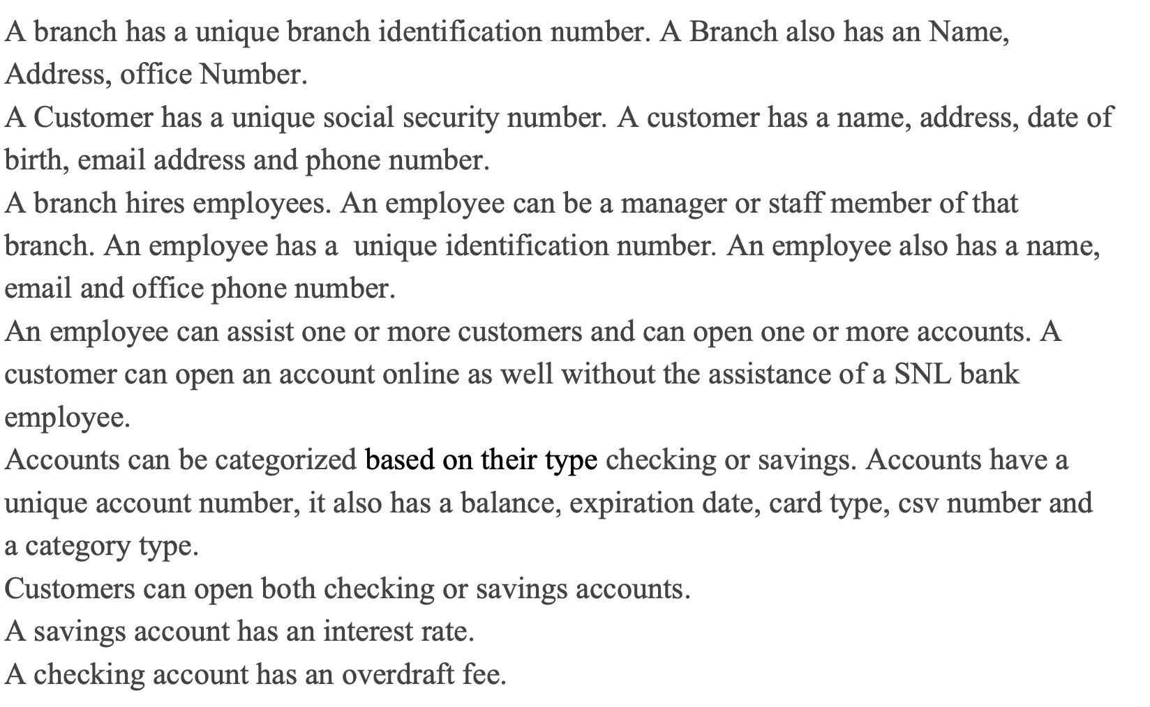 Solved SNL Bank Database will store details about the | Chegg.com