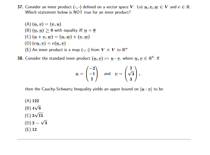 Solved 37. Consider an inner product (,) defined on a vector | Chegg.com