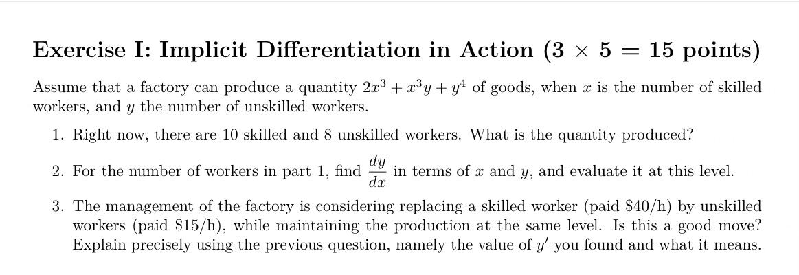 Solved Exercise I: Implicit Differentiation in Action | Chegg.com