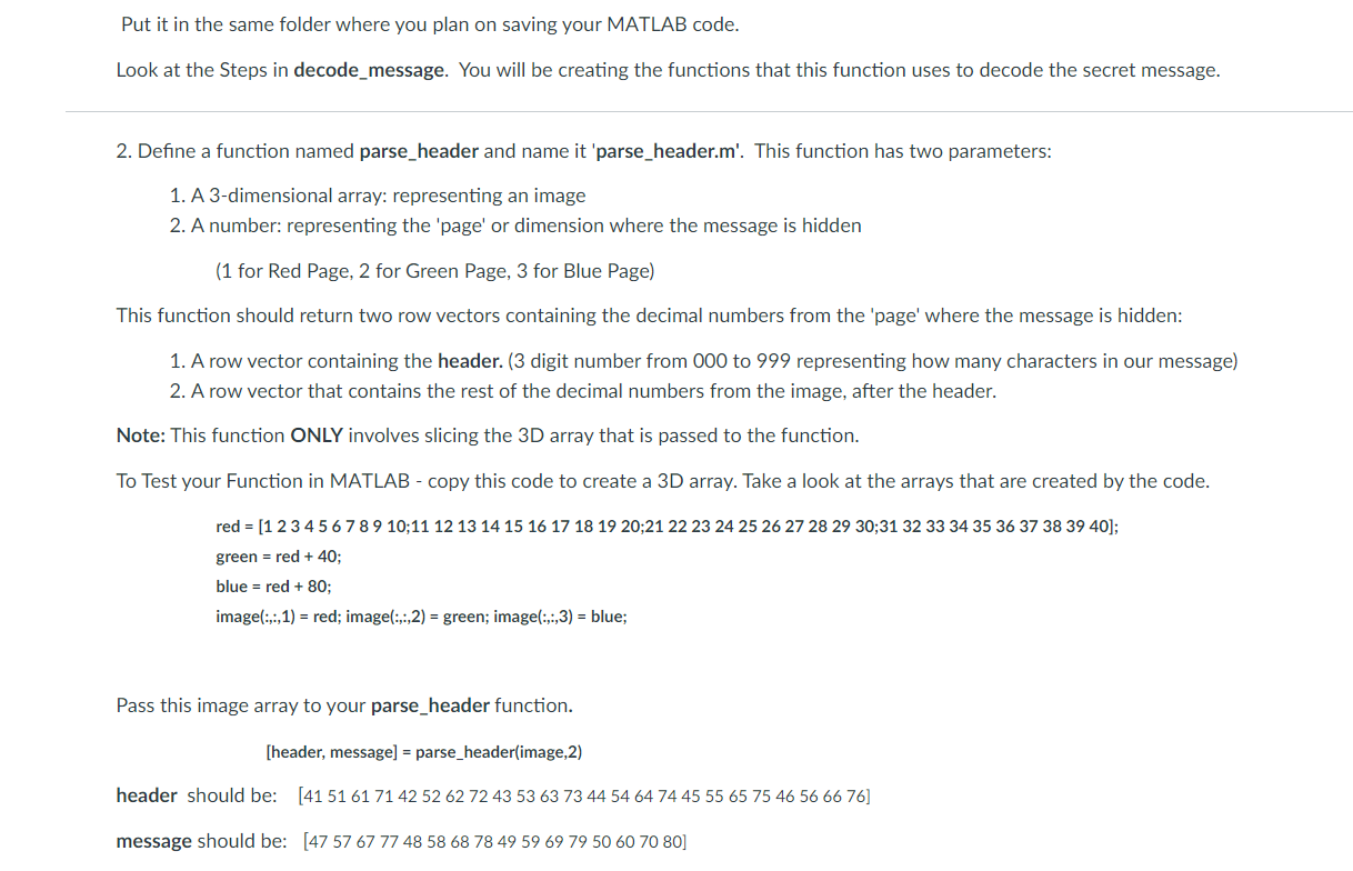 MATLAB: define a function named parse_header. Look | Chegg.com