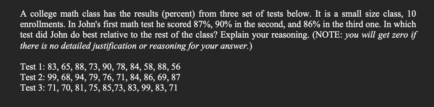 Solved A college math class has the results (percent) from | Chegg.com