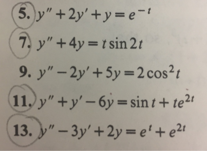 Solved 5.)y"+2y' +y=e-i 7) y" + 4y= t sin 2t y'+Av=tsin 2t | Chegg.com