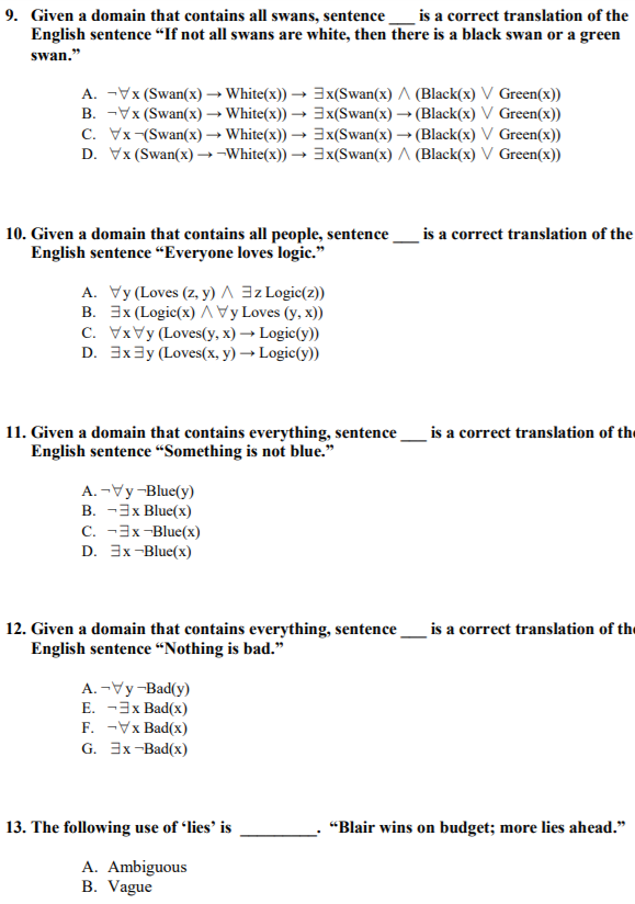 Solved 9. Given a domain that contains all swans, sentence | Chegg.com