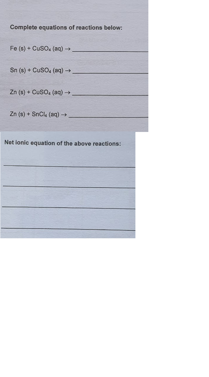 Solved Complete Equations Of Reactions Below Fe S Cuso4