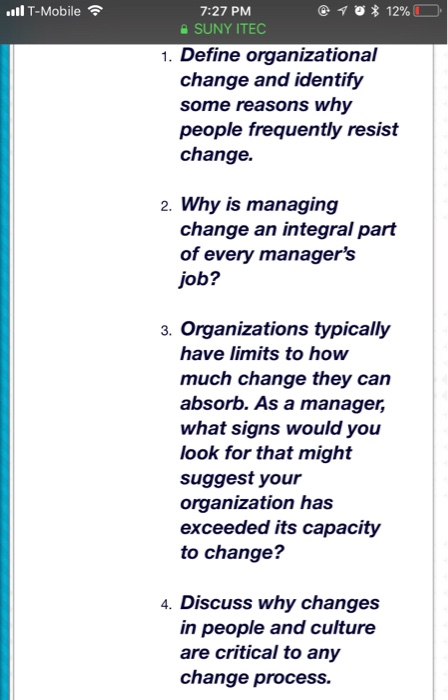 Solved l T-Mobile 7:27 PM SUNY ITEC 1. Define organizational | Chegg.com