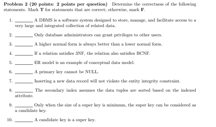 Solved 4. Problem 2 (20 points: 2 points per question) | Chegg.com Solved 4. Problem 2 (20 points: 2 points per question) | Chegg.com