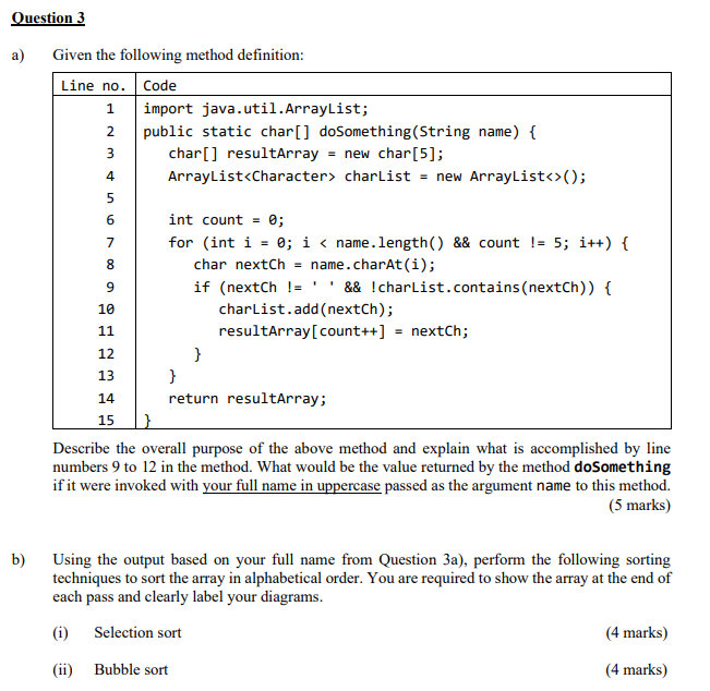Solved Question 3 a) Given the following method definition: | Chegg.com