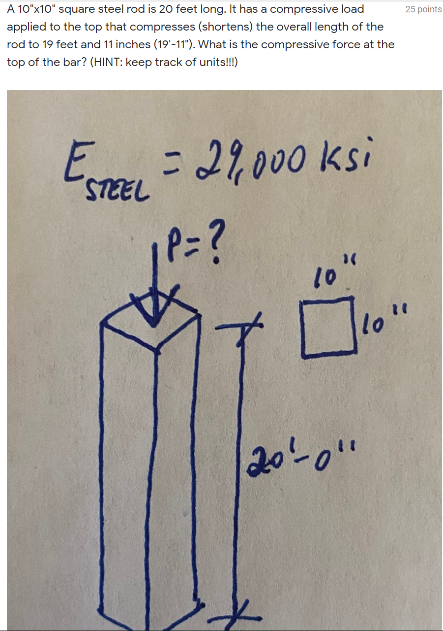 Solved 25 points A 10"x10" square steel rod is 20 feet long. | Chegg.com