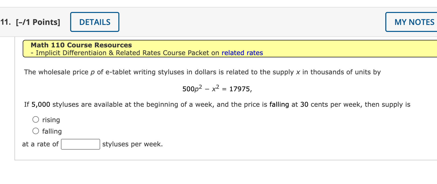 Solved 11. [-/1 Points] DETAILS MY NOTES Math 110 Course | Chegg.com