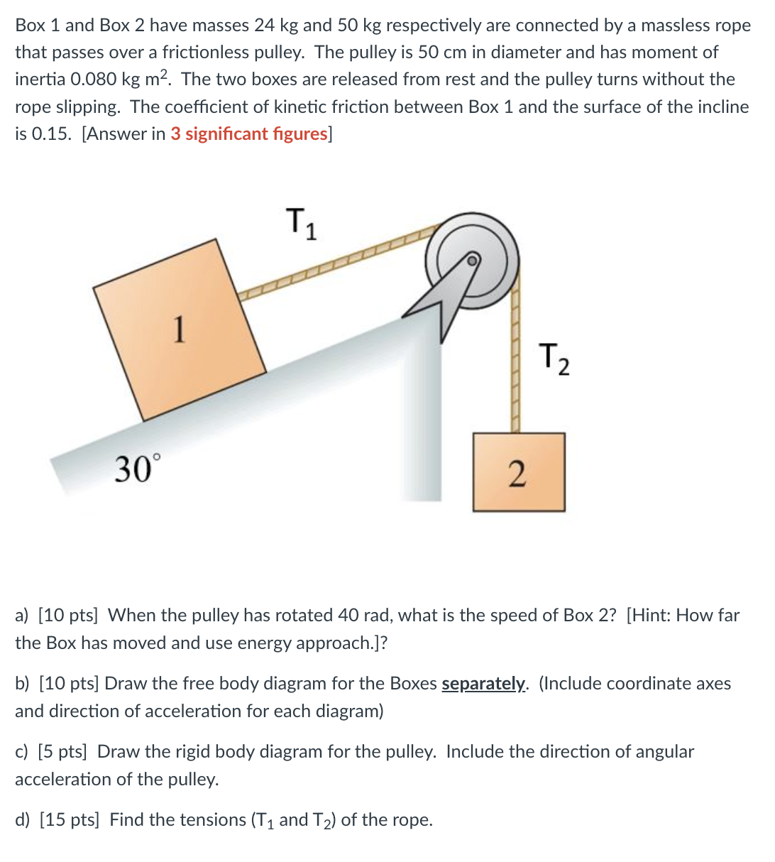 Solved a) [10 ﻿pts] ﻿When the pulley has rotated 40 ﻿rad, | Chegg.com