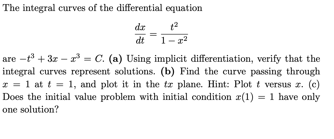 Solved The integral curves of the differential equation t2 | Chegg.com