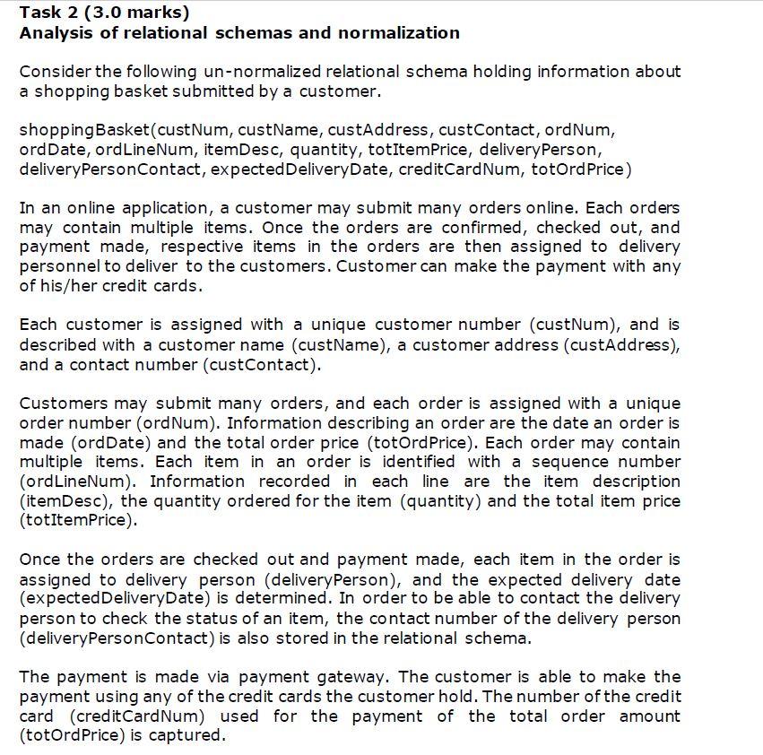Solved Task 2 (3.0 marks) Analysis of relational schemas and | Chegg.com