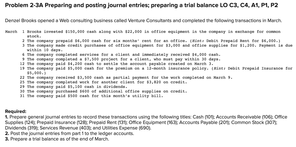 Solved Problem 2-3A Preparing and posting journal entries; | Chegg.com