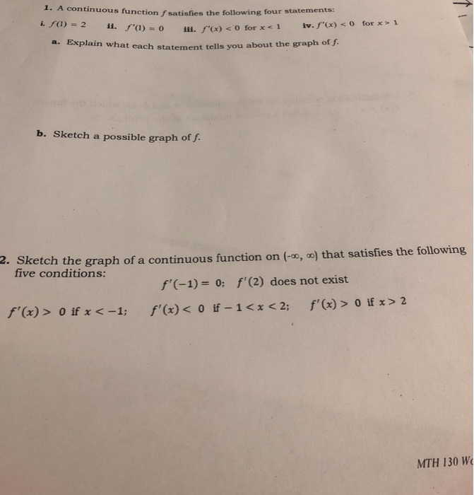 Solved 1. A continuous function f satisfies the following | Chegg.com