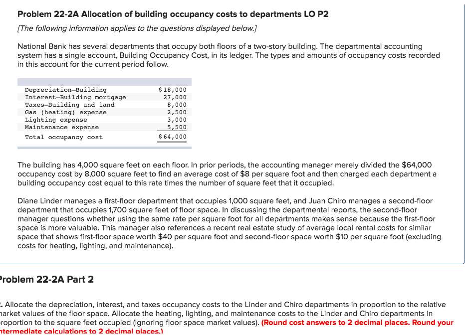 Solved Problem 22-2A Allocation of building occupancy costs | Chegg.com