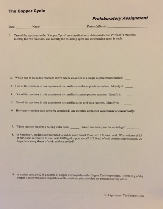 Solved The Copper Cycle Prelaboratory Assignment | Chegg.com