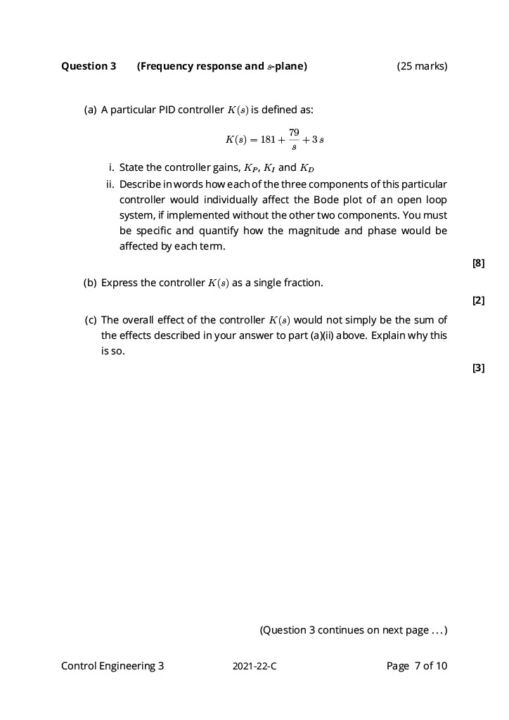 Solved (a) A particular PID controller \\( K(s) \\) is | Chegg.com