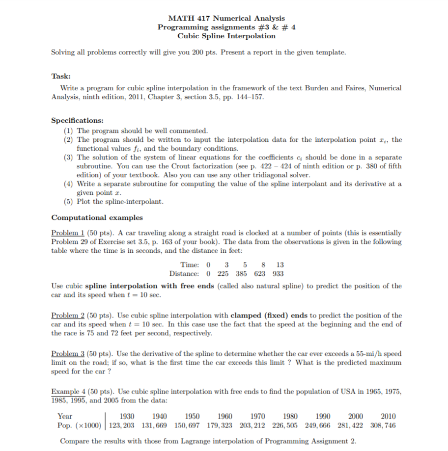 MATH 417 Numerical Analysis programming assignments | Chegg.com