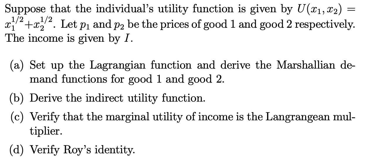 Suppose that the individual's utility function is | Chegg.com
