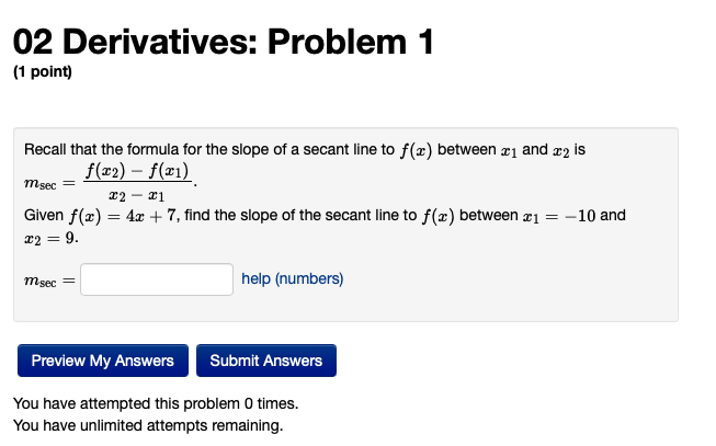 Solved 02 Derivatives: Problem 1 (1 point) Recall that the | Chegg.com