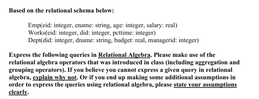 Solved Based on the relational schema below: Emp(eid: | Chegg.com