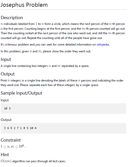 Solved Josephus Problem Description n individuals labeled | Chegg.com