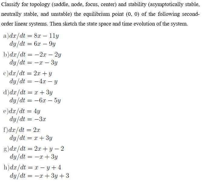 Classify for topology (saddle, node, focus, center) | Chegg.com