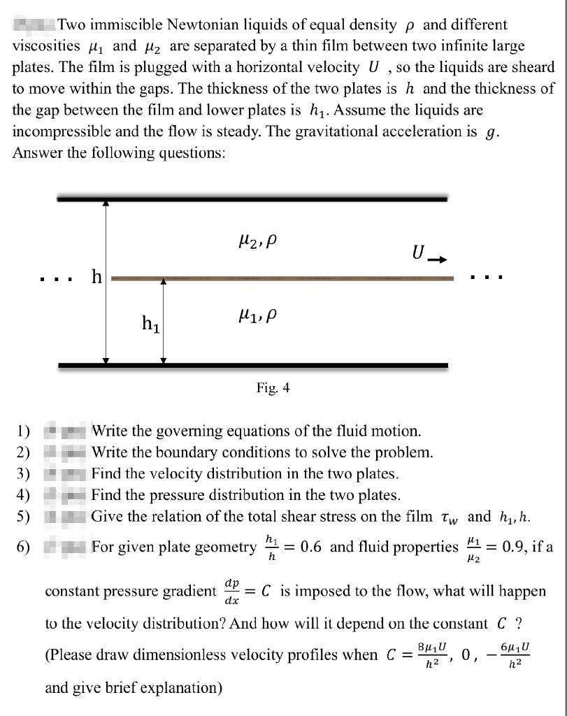 Solved Two immiscible Newtonian liquids of equal density p | Chegg.com