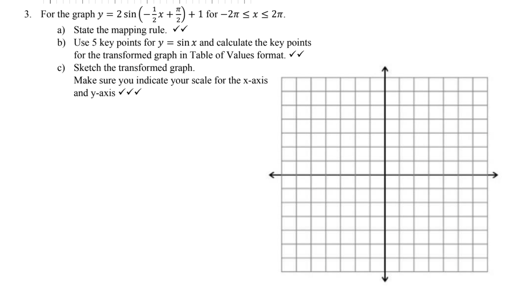 Solved 3. For the graph y=2sin(−21x+2π)+1 for −2π≤x≤2π. a) | Chegg.com